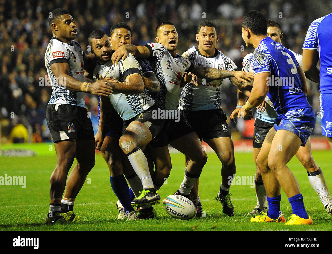 Tempers flare after a high tackle by Samoa's Tim Lafai on Fiji's Jayson ...