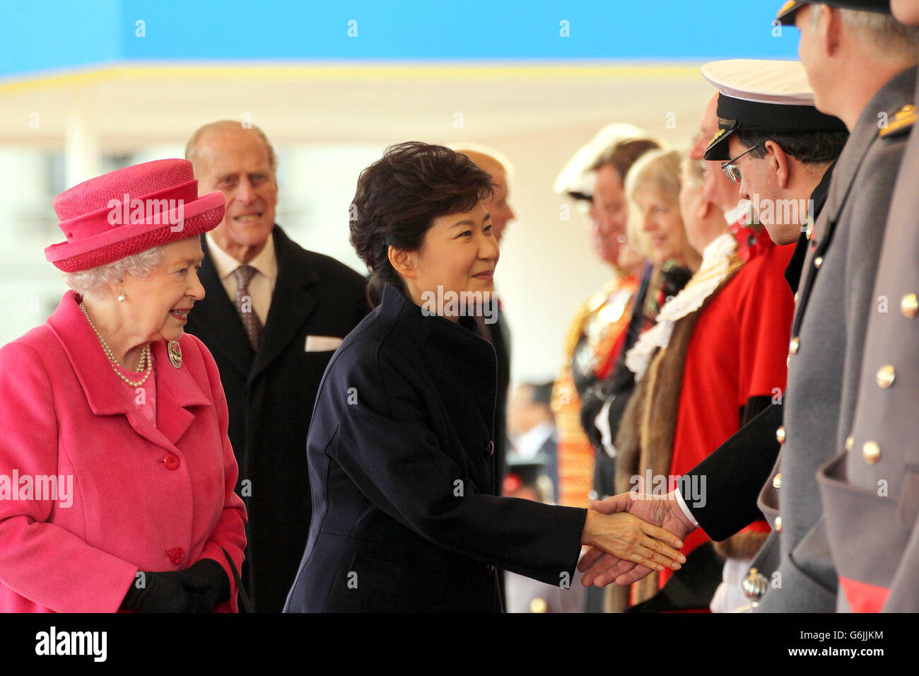 Queen Elizabeth II during a ceremonial welcome for the President of the ...