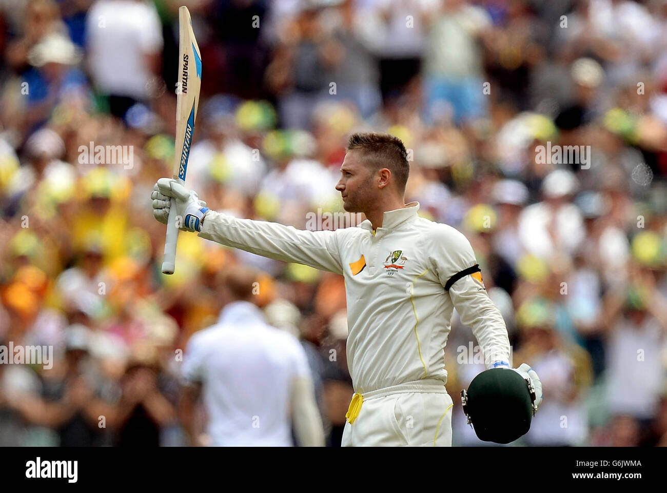 Australia's Michael Clarke celebrates scoring 100 not out during day ...