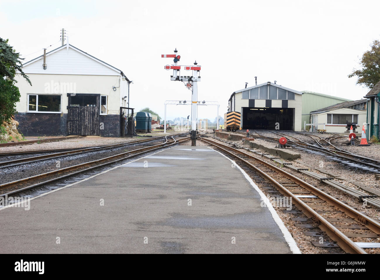 Railway signal and sidings at New Romney Station in Kent, England Stock ...