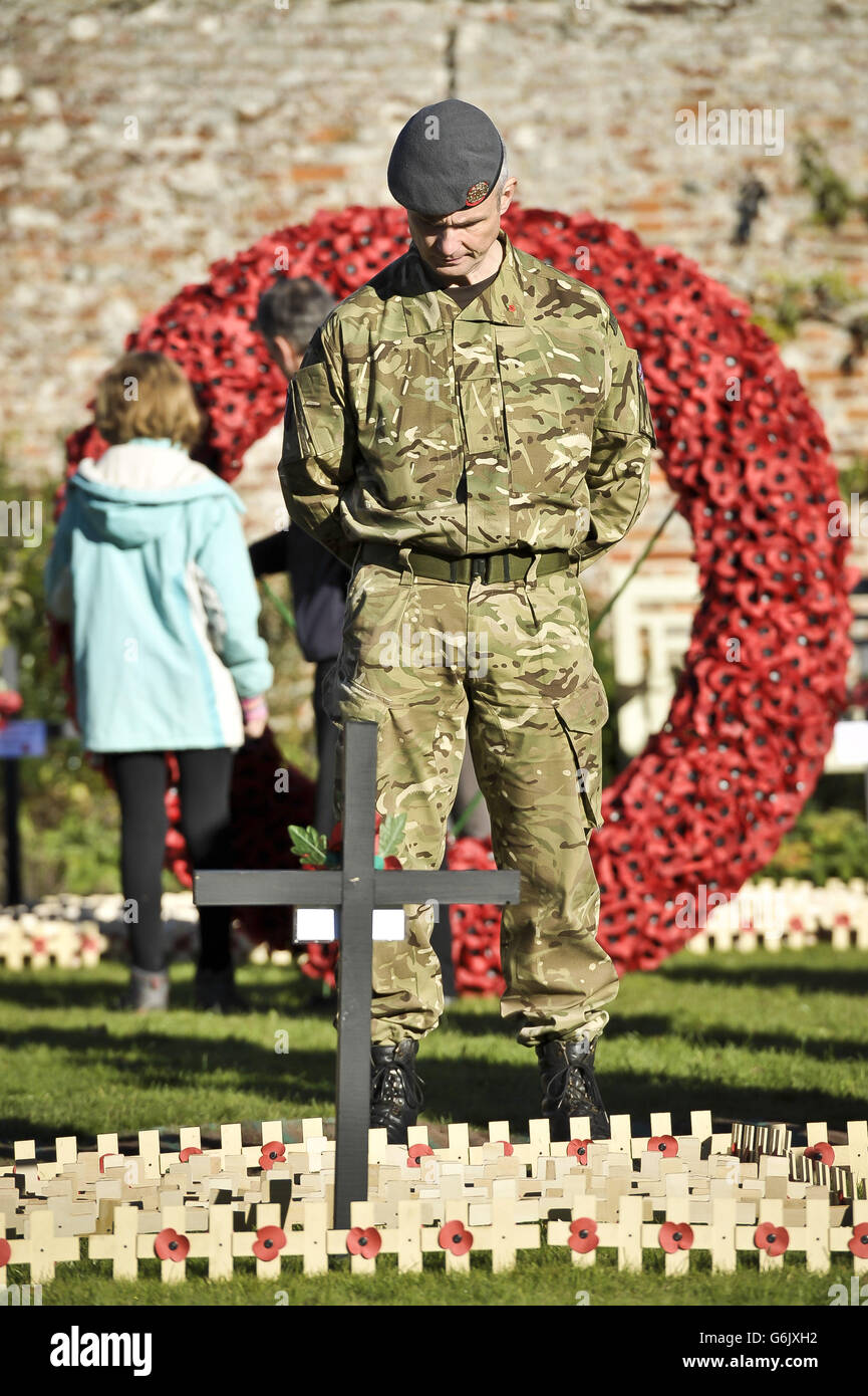 A soldier looks at the many crosses at the Royal Wootton Bassett Field ...