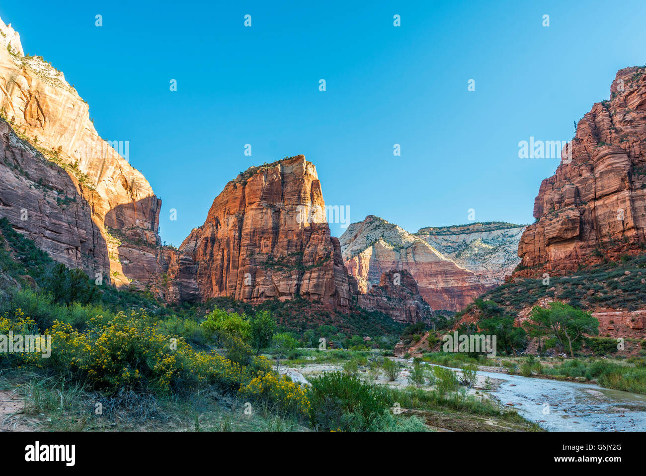 View of rock formation Angels Landing, Virgin River, Zion Canyon, Zion ...