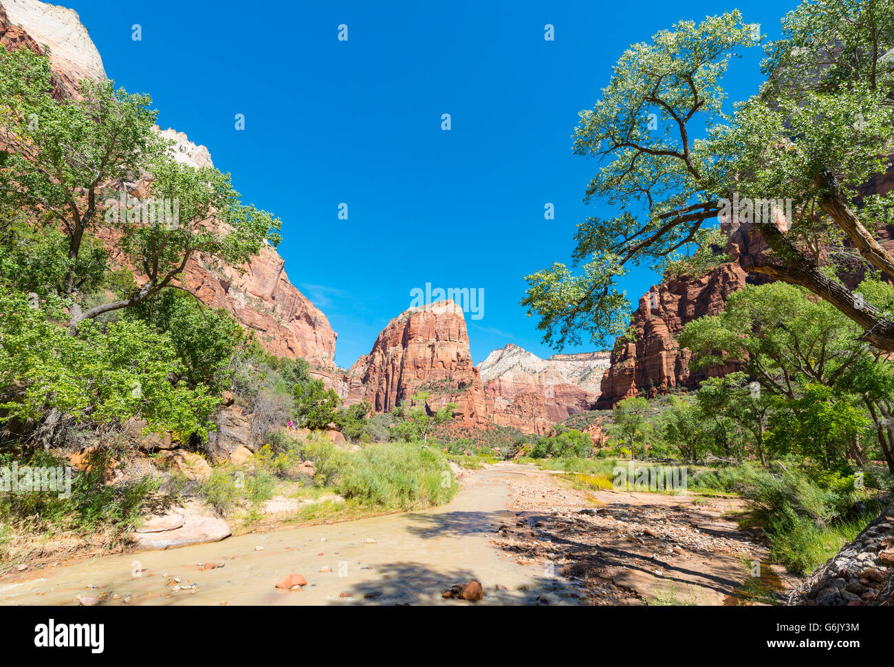 View of rock formation Angels Landing, Virgin River, Zion Canyon, Zion ...