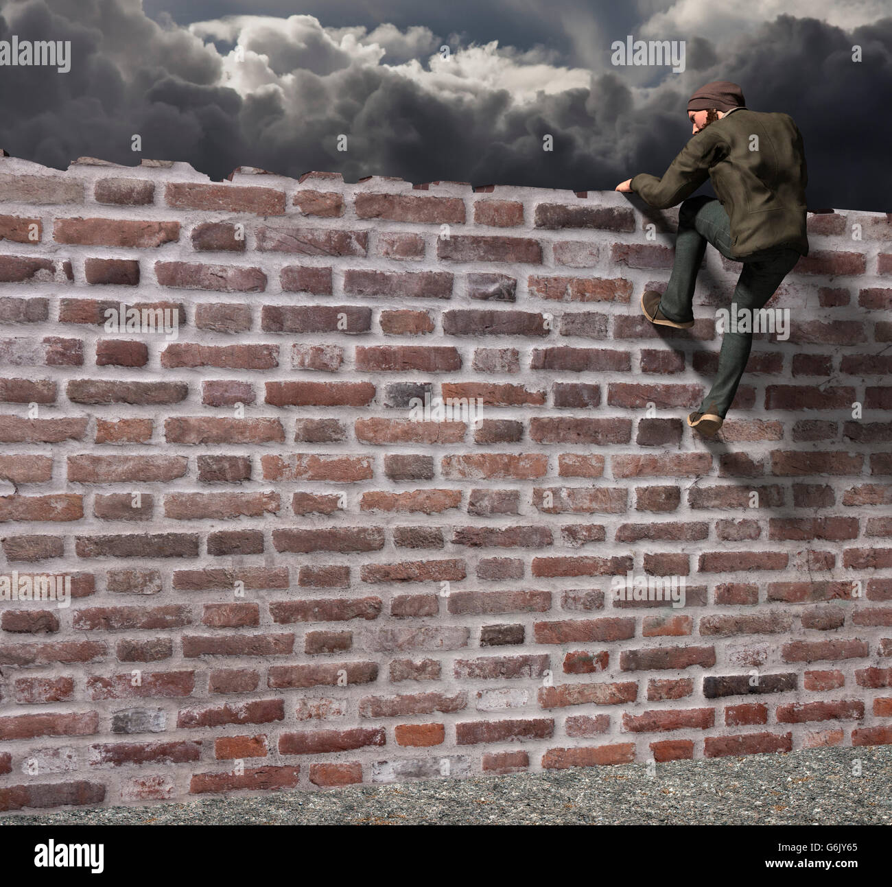 Man climbing over a wall, Computer Graphic Stock Photo - Alamy