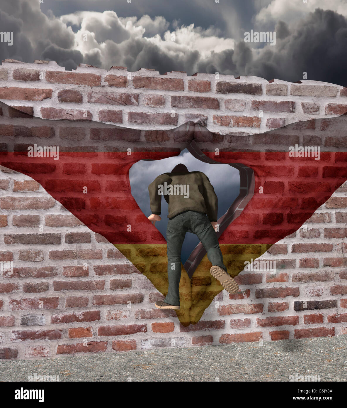 Man climbs through Merkel diamond on a wall with German flag, Computer ...