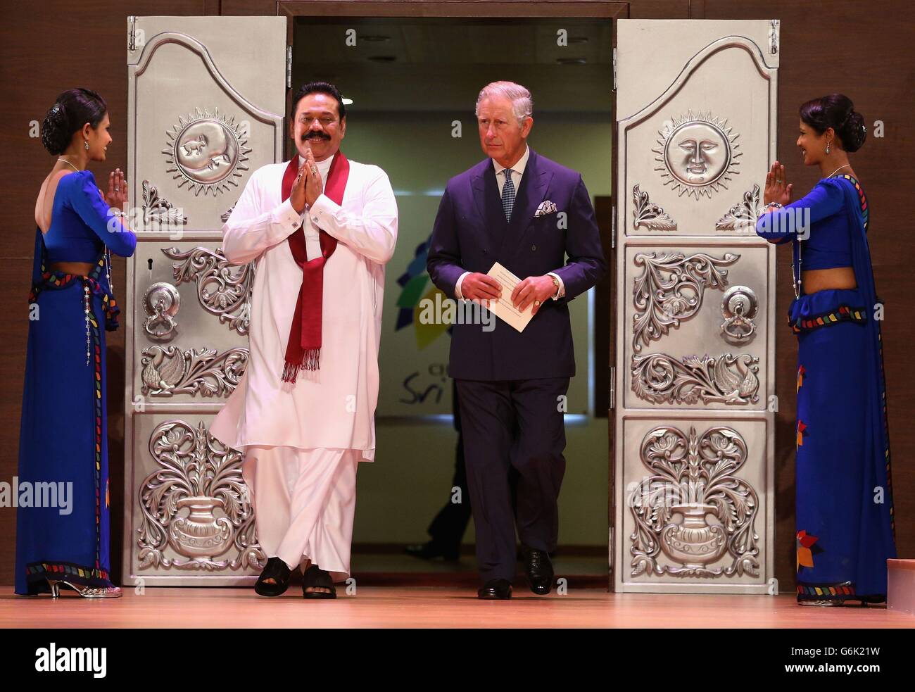President Mahinda Rajapaksa of Sri Lanka (left), walks with the Prince ...