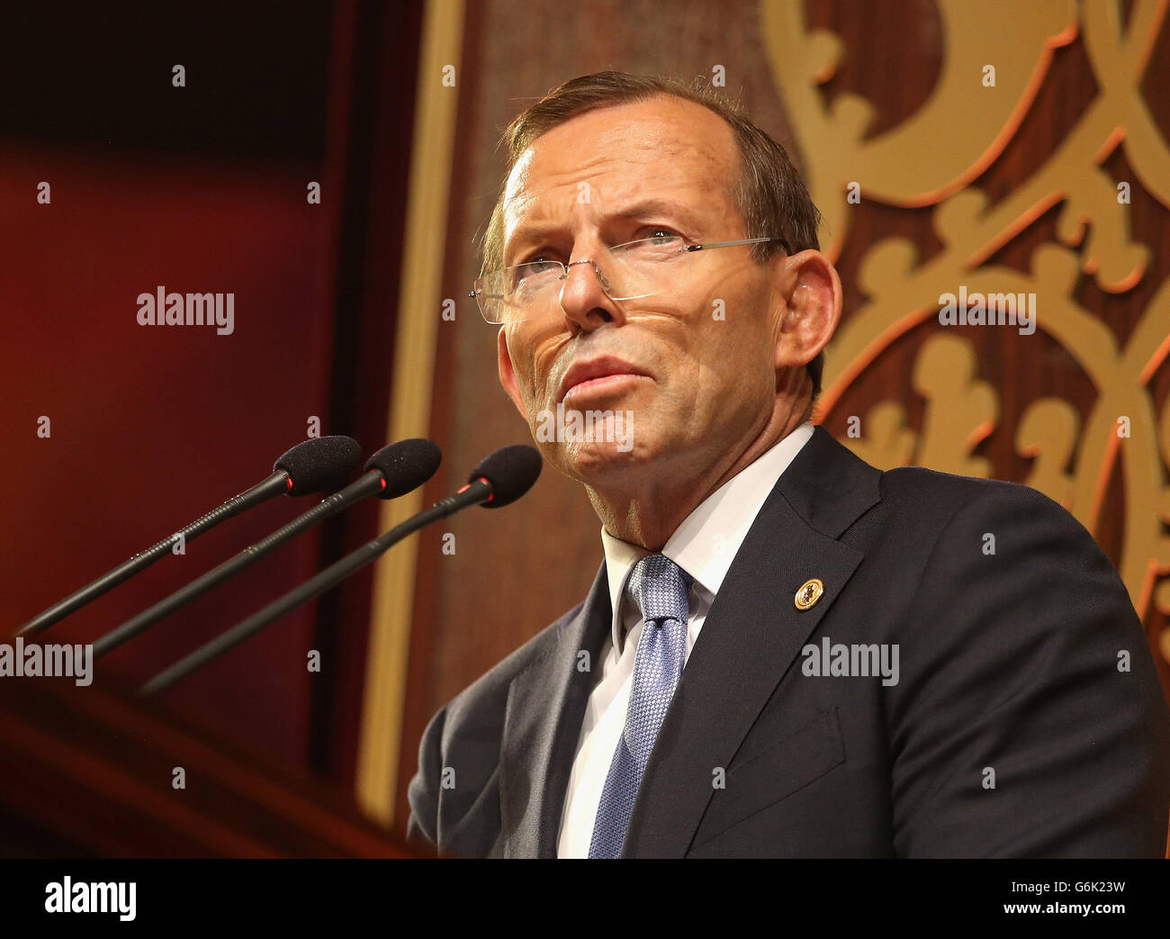 Australian Prime Minister Tony Abbott speaking at the opening ceremony ...