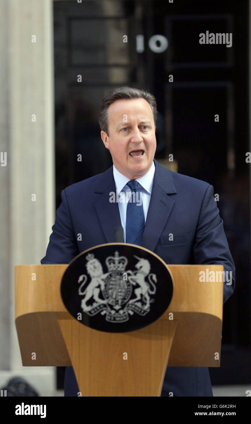 Prime Minister David Cameron speaks outside 10 Downing Street, London ...