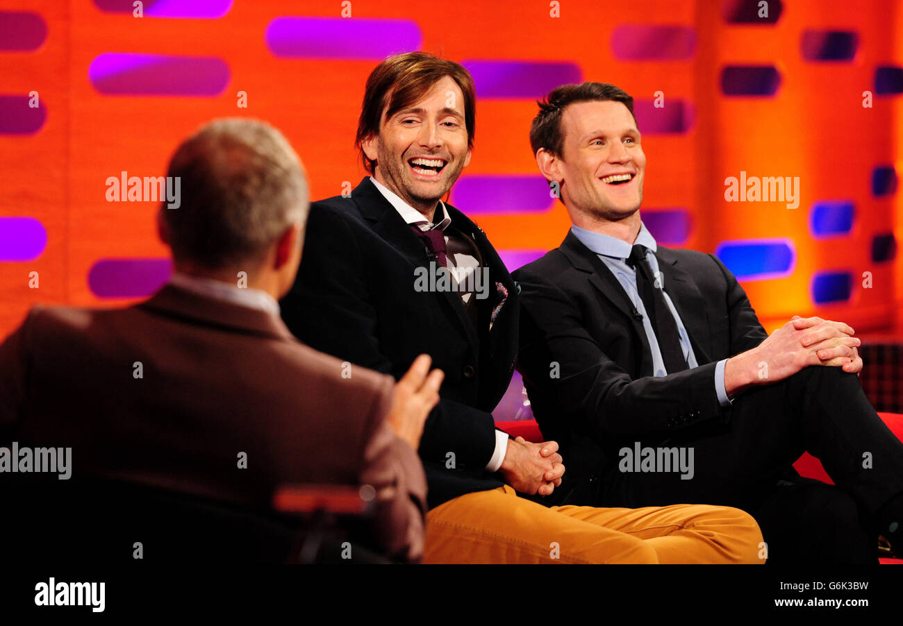 Graham Norton, David Tennant and Matt Smith during filming of the ...