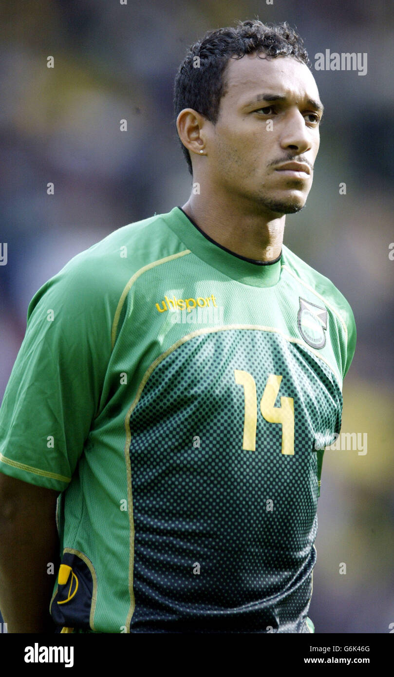 Tyrone Marshall lines up for Jamaica ahead of their 1-0 defeat against Brazil, in a friendly ...