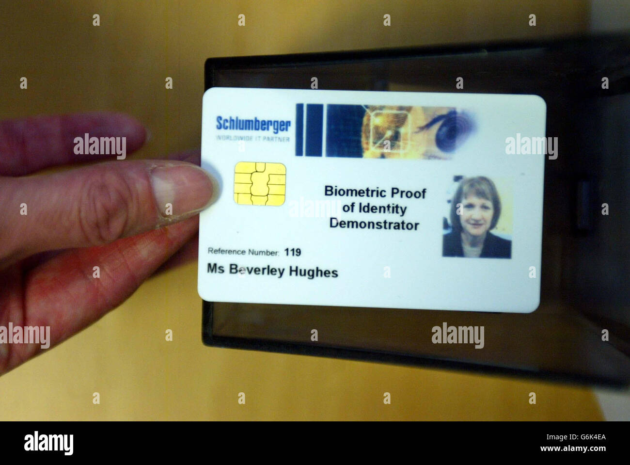 Home Office minister Beverley Hughes demonstrates the Biometric testing ...