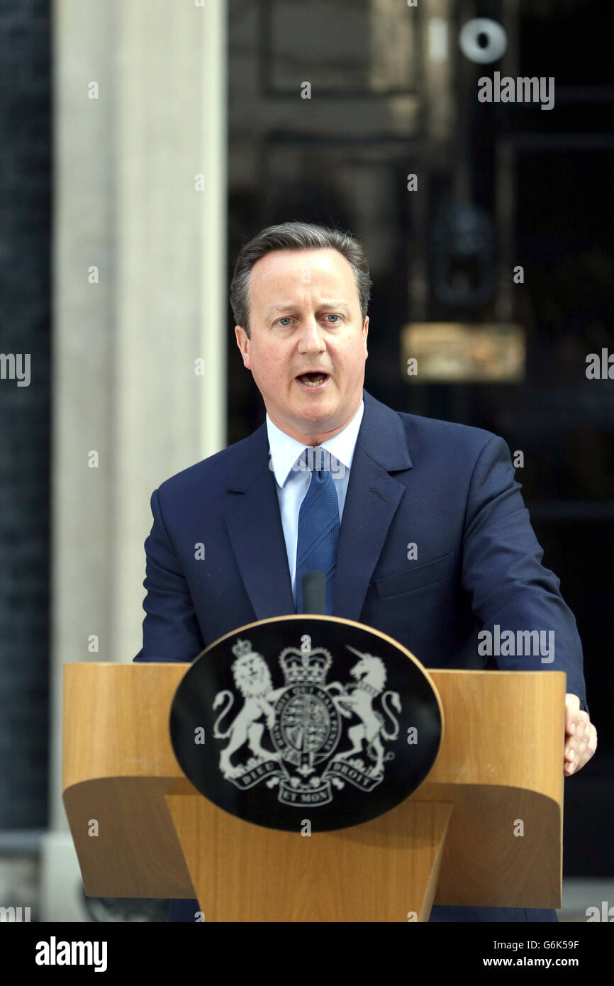 Prime Minister David Cameron speaks outside 10 Downing Street, London ...