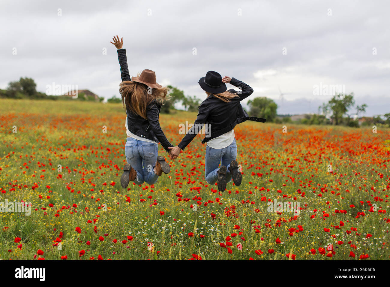 Two woman jumping, poppy field, holding hand Stock Photo - Alamy