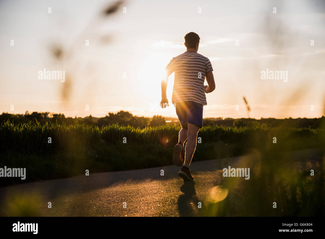 Germany, young man jogging, against the sun Stock Photo - Alamy