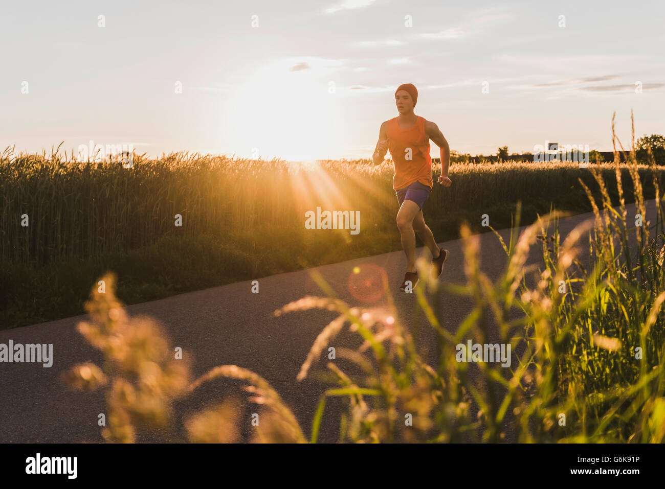 Germany, young man jogging, against the sun Stock Photo - Alamy
