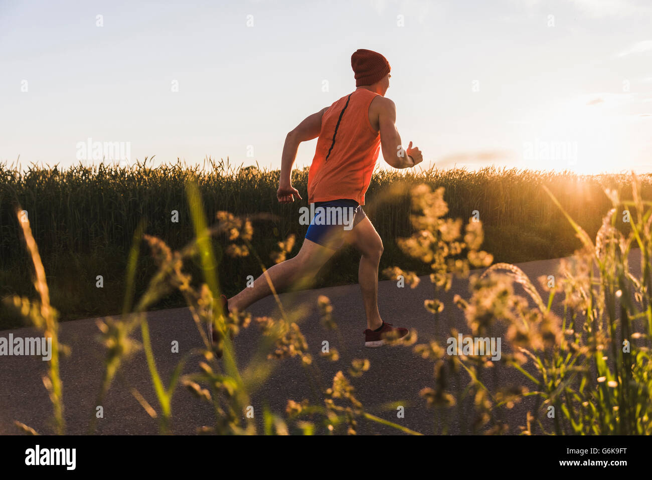 Germany, young man jogging, against the sun Stock Photo - Alamy
