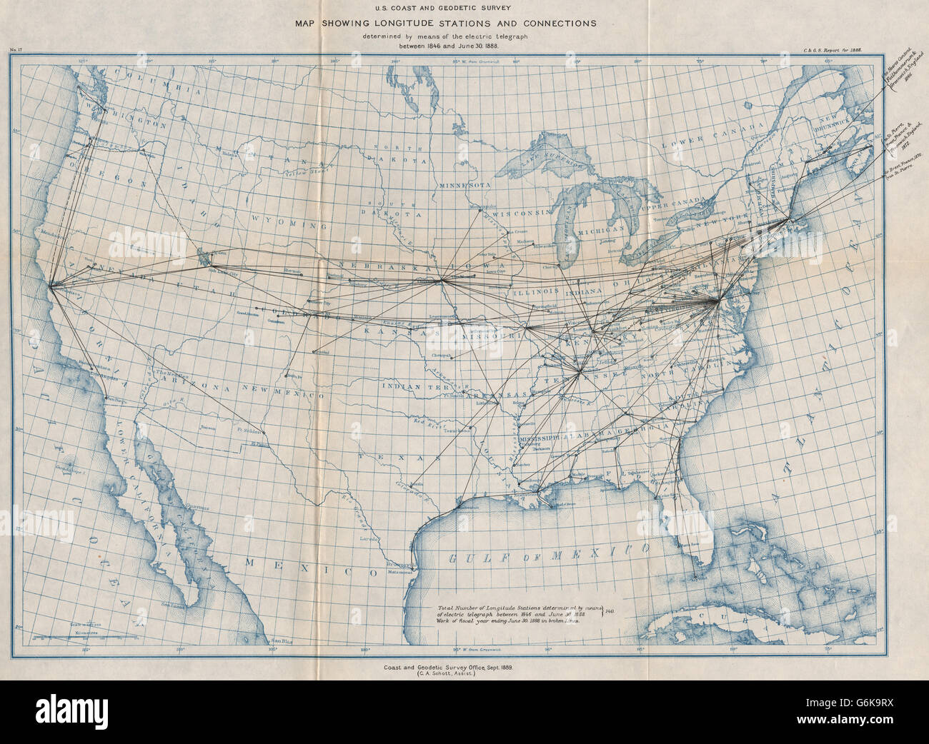 USA: Longitude survey stations and connections. USCGS, 1889 antique map ...