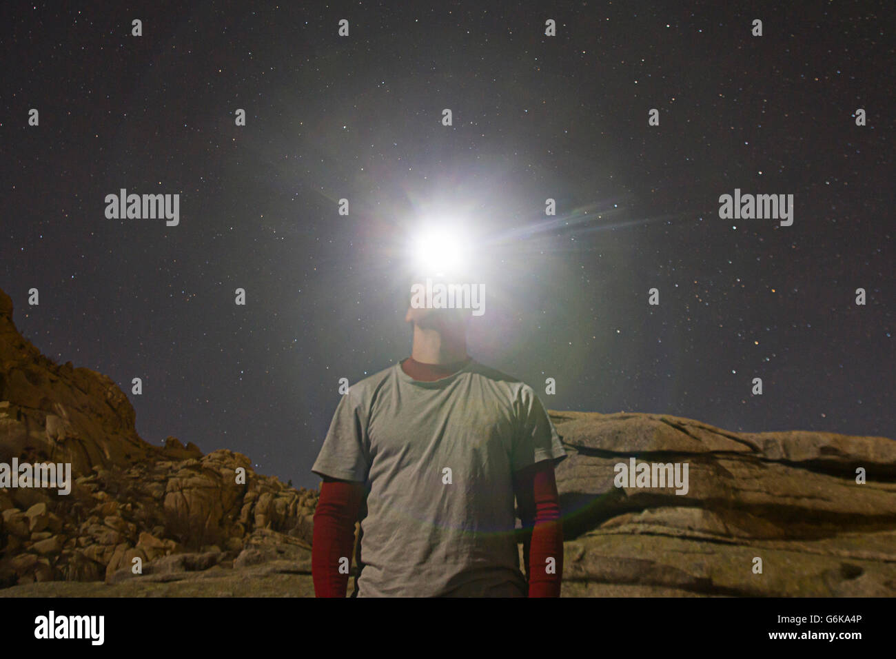 Man with headlamp under a starry sky Stock Photo - Alamy