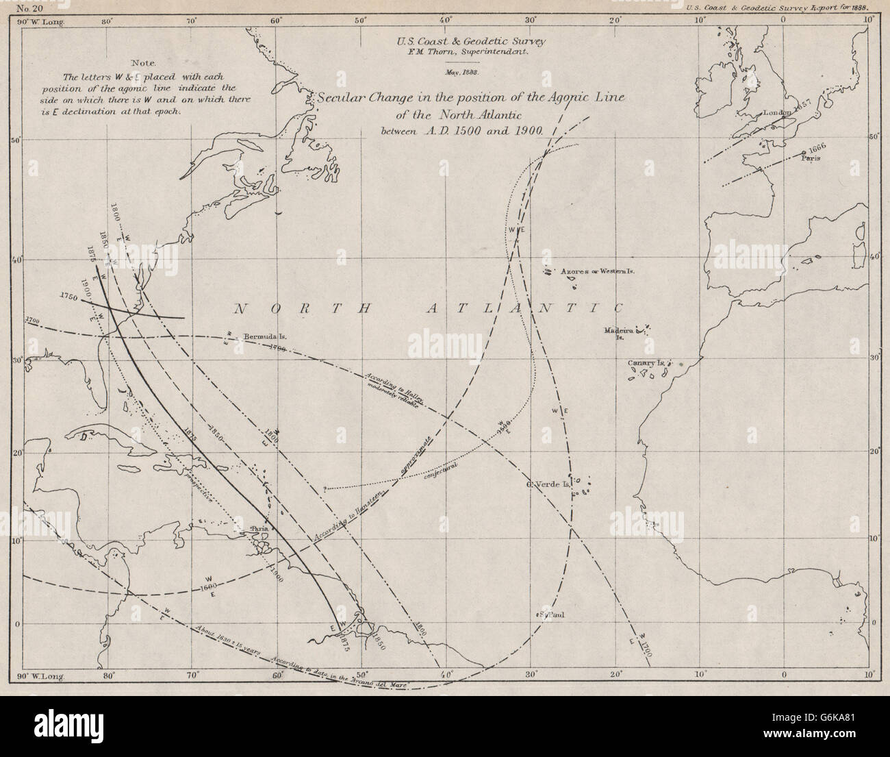 ATLANTIC OCEAN:Agonic Line change 1500-1900.Magnetic declination.USCGS ...
