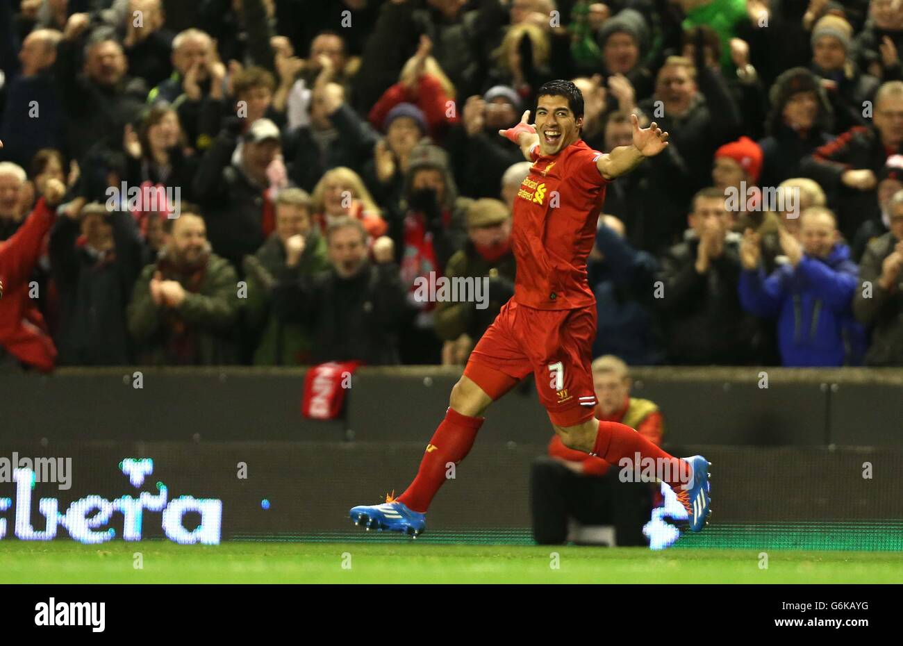 Liverpool's Luis Suarez celebrates scoring the first goal during the ...