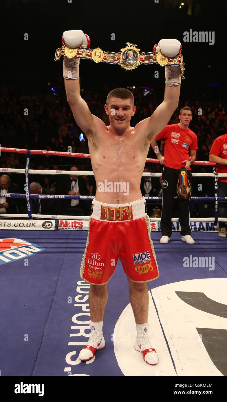 Liam Smith celebrates his victory over Mark Thompson during The British ...