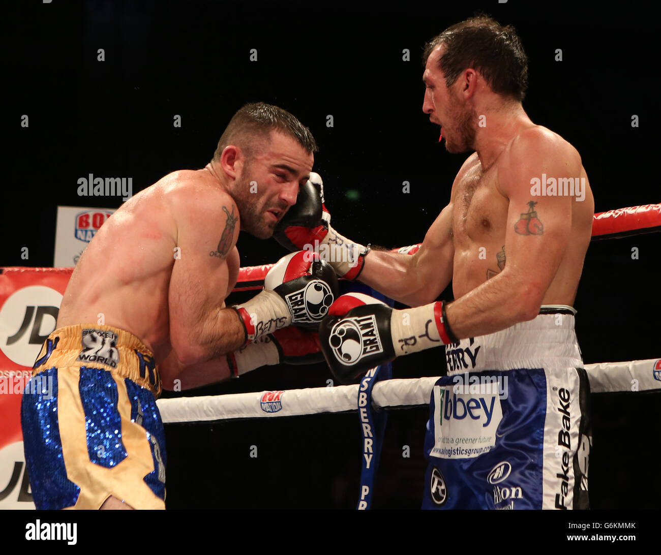 Boxing - Liverpool Echo Arena. Derry Mathews (right) and Stephen Ormond during the WBO European ...