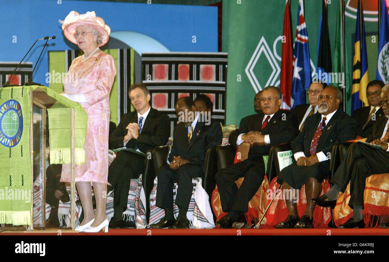 Britain's Queen Elizabeth II addresses the summit at the opening ...