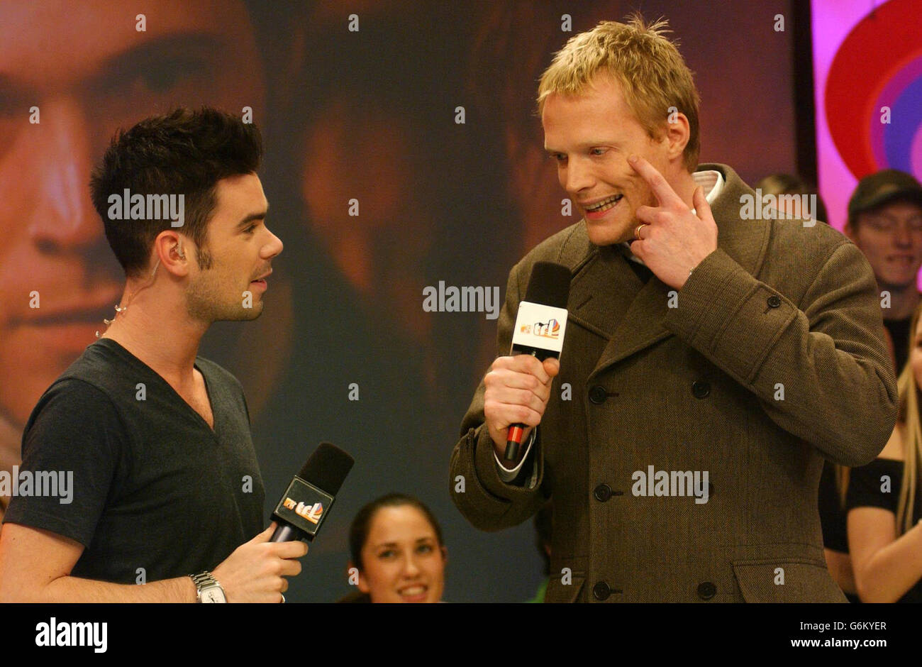 MTV presenter Dave Berry (left) with actor Paul Bettany during his ...
