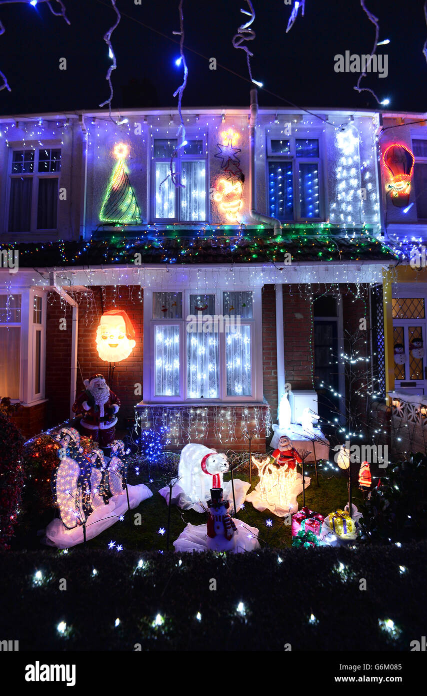 Christmas lights on display in Byron Road, New Milton, Hampshire where ...