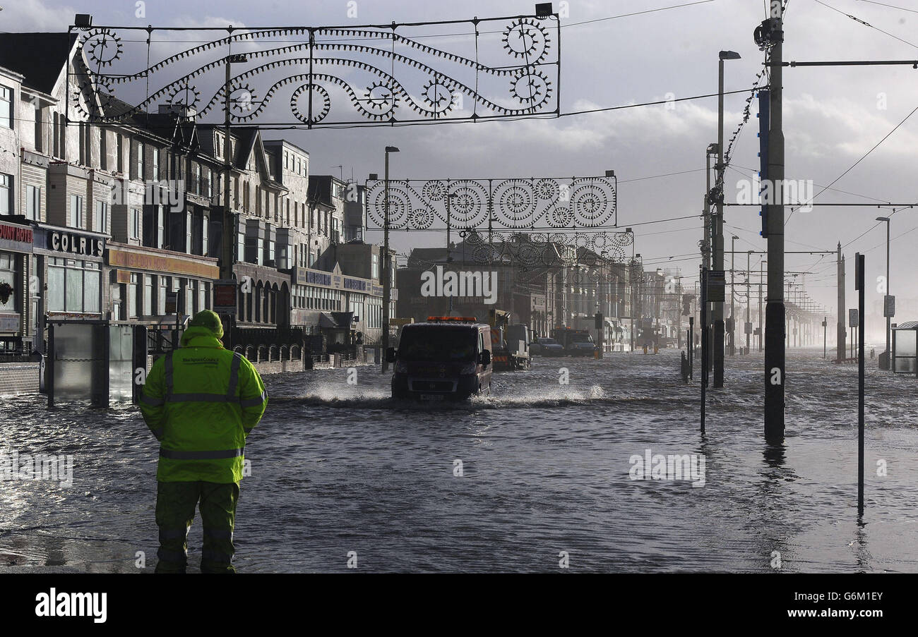 Blackpool Main Promenade under flood water following high tide and a ...