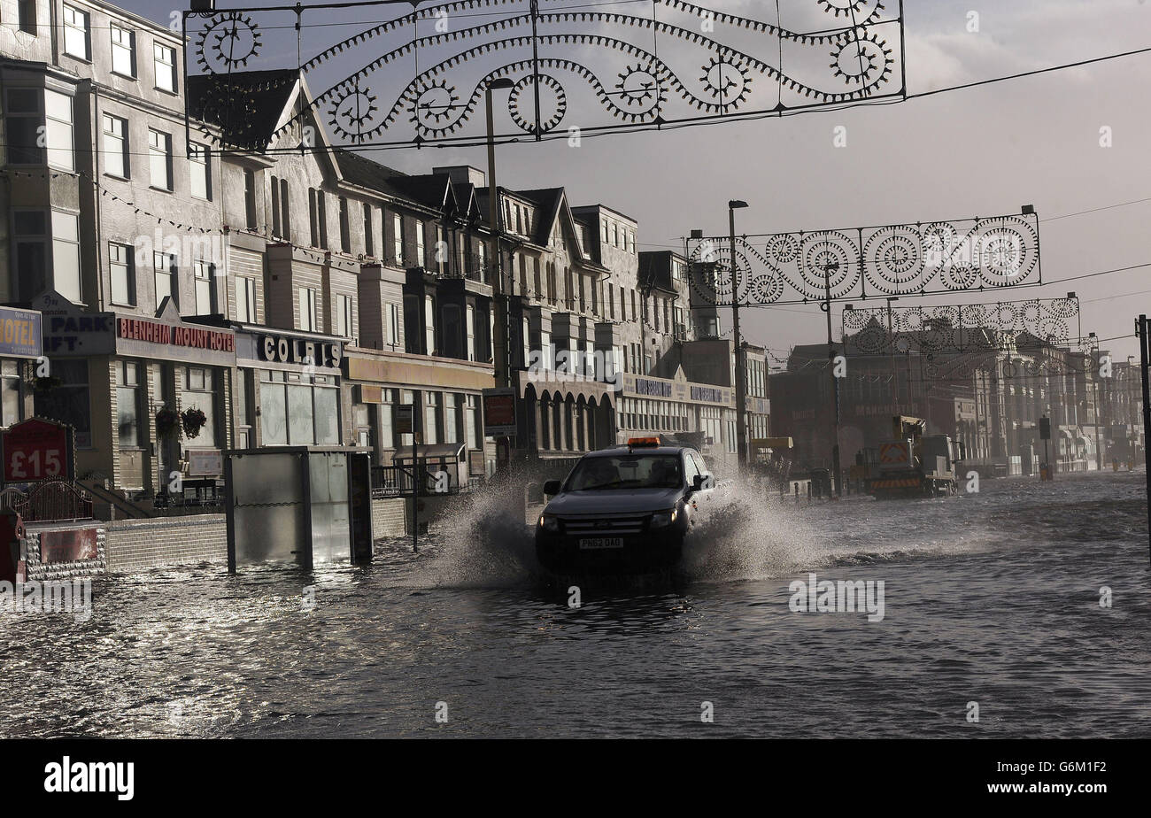 Blackpool Main Promenade under flood water following high tide and a ...