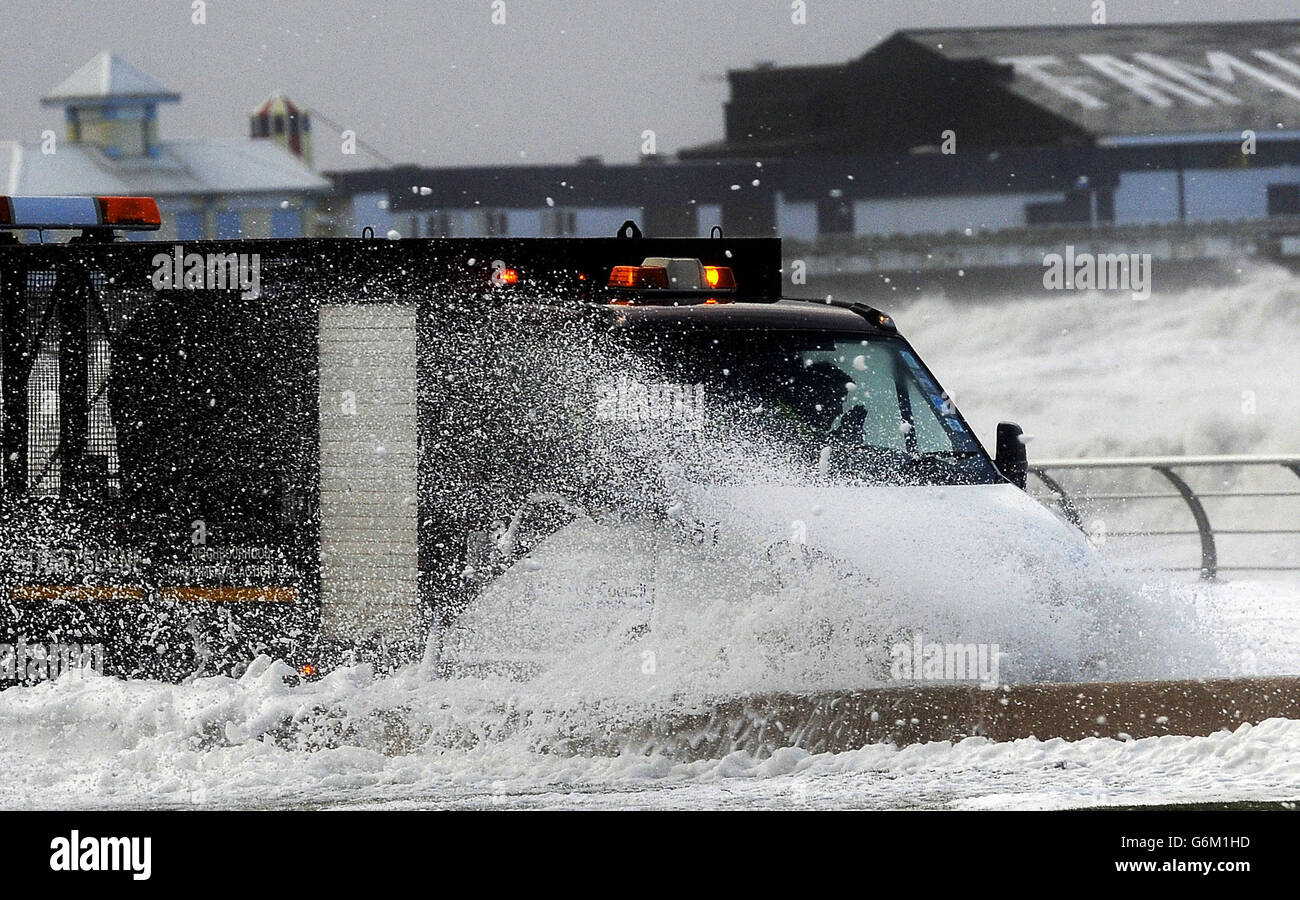 Blackpool Main Promenade under flood water following high tide and a ...