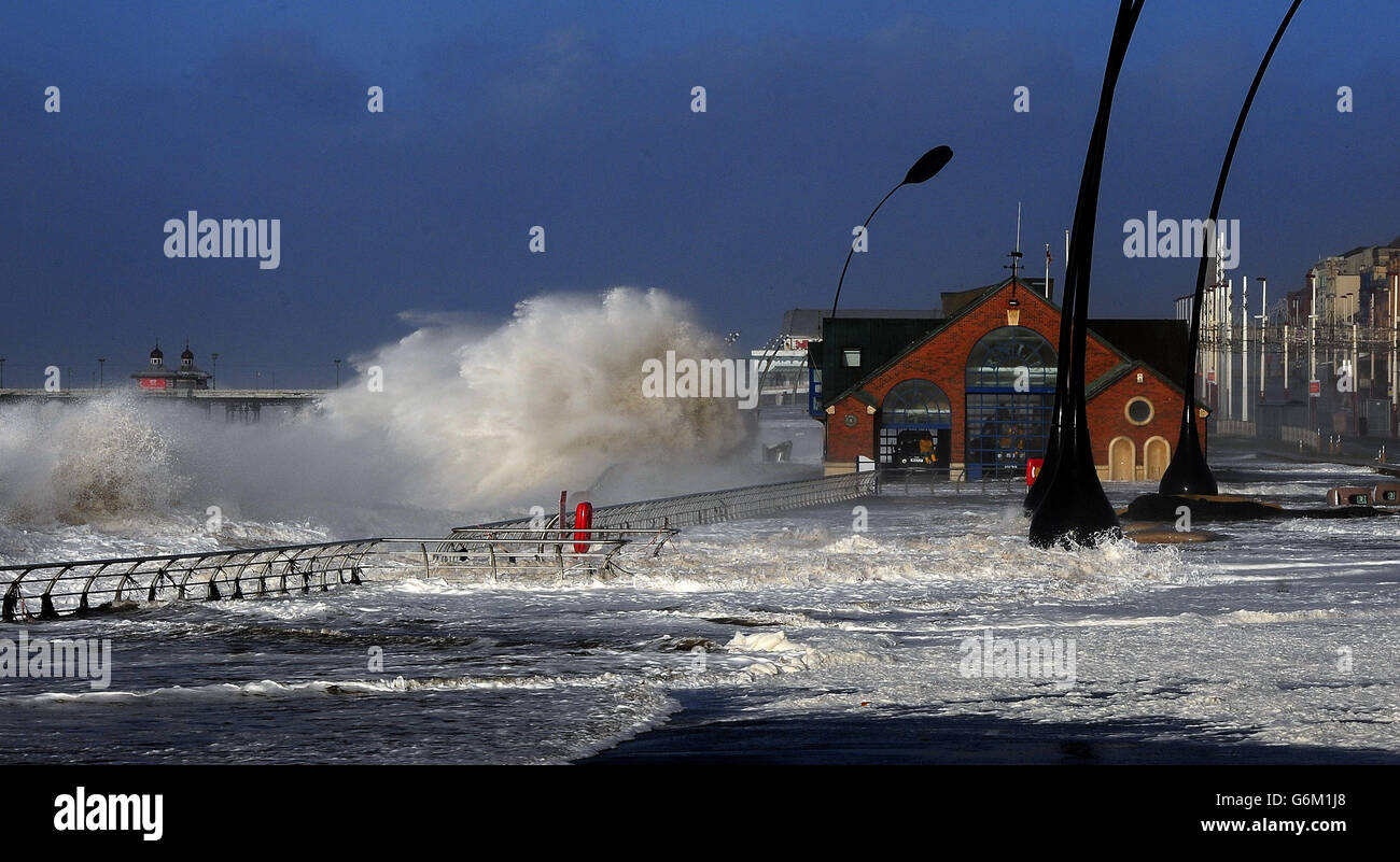 Blackpool Main Promenade under flood water following high tide and a ...