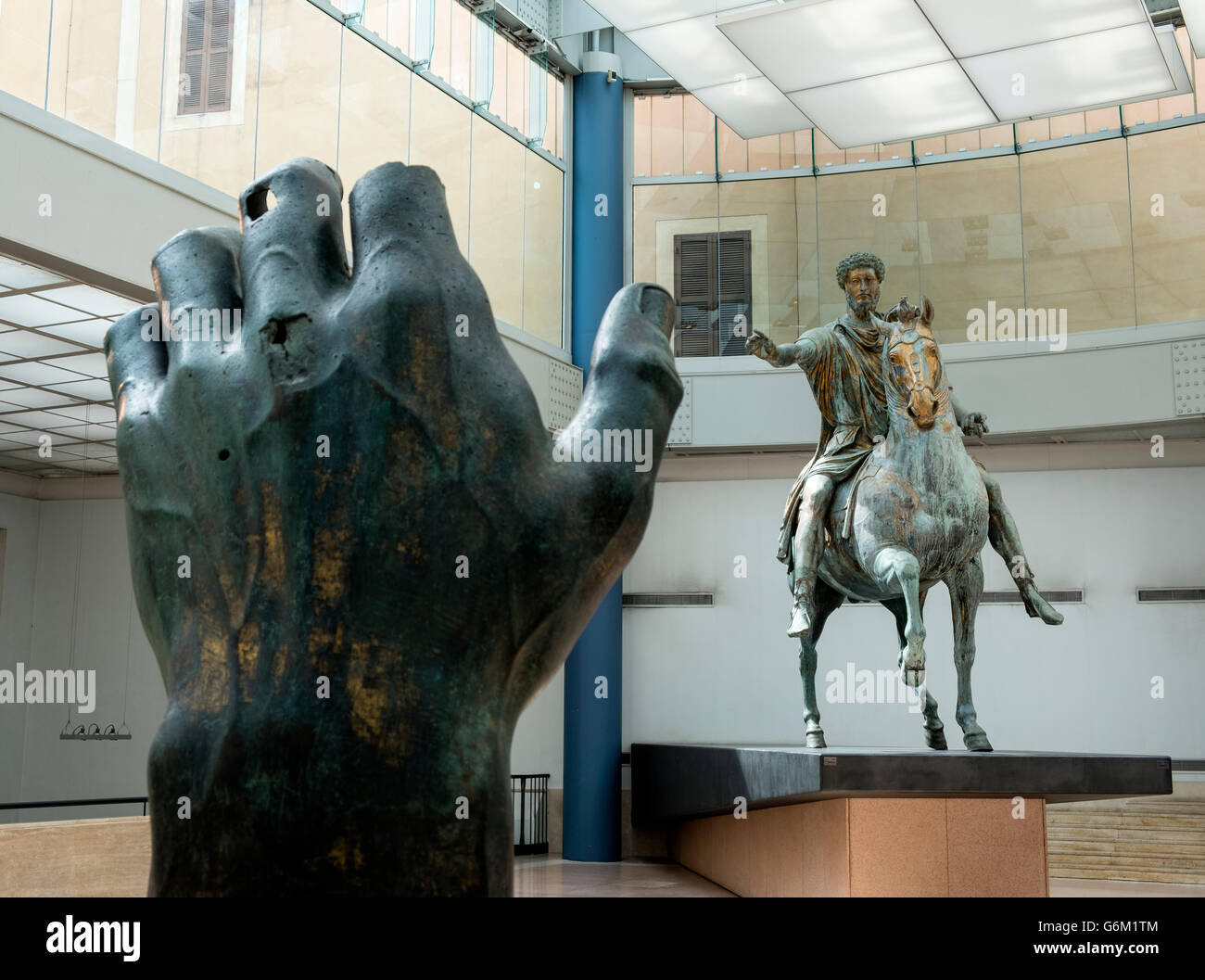 Emperor Marco Aurelio on horseback and hand fragment of the colossal ...