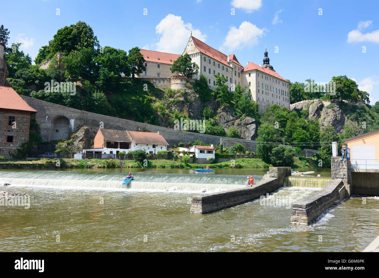 Bechyne Castle (Bechin), river Luznici (Lainsitz), paddler, canoe ...
