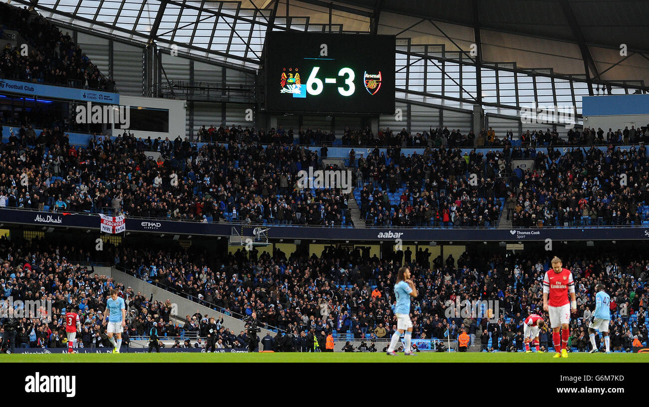 The scoreboard at full time after Manchester City beat Arsenal 6-3 ...