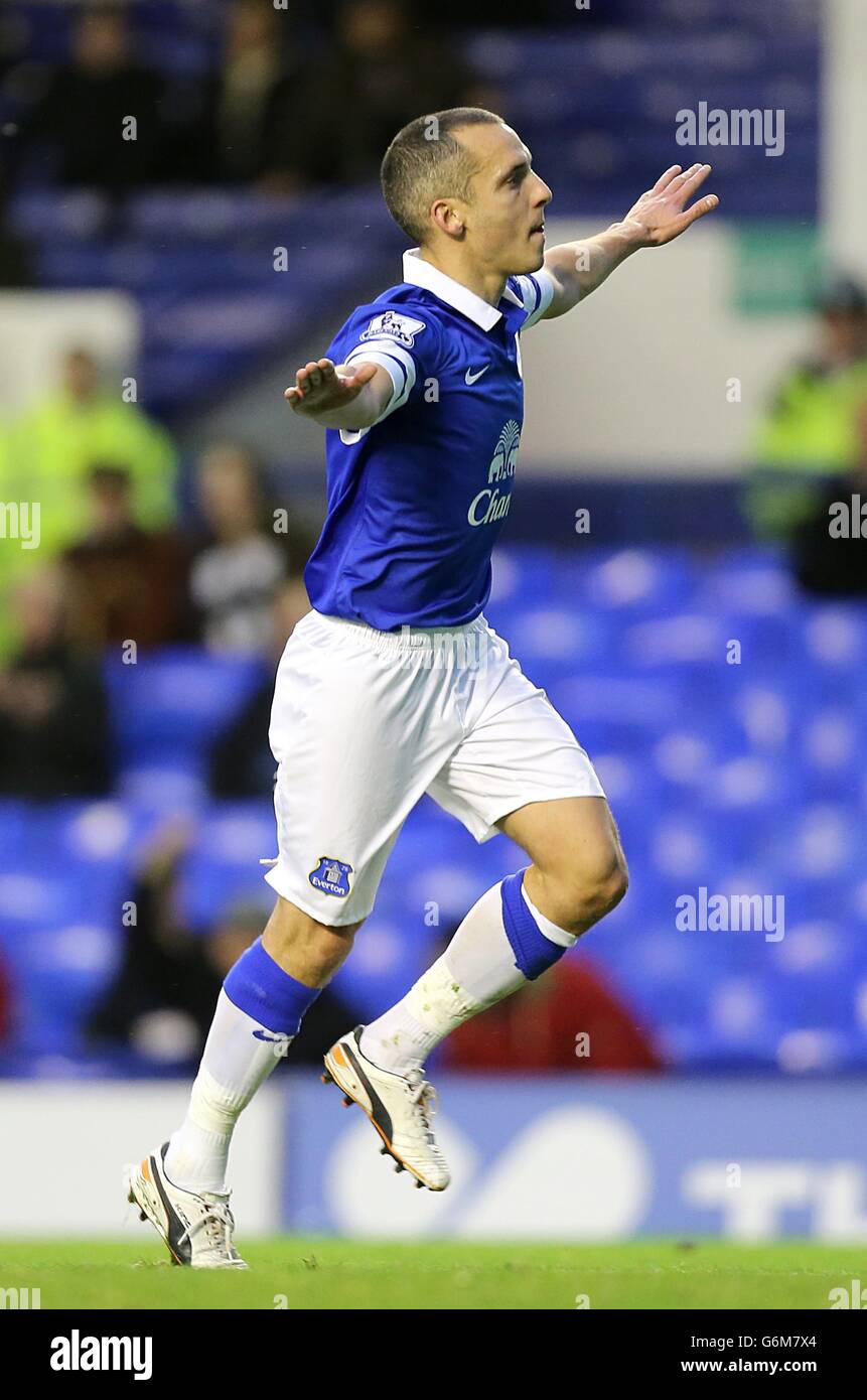 Everton's Leon Osman celebrates scoring his teams opening goal Stock ...
