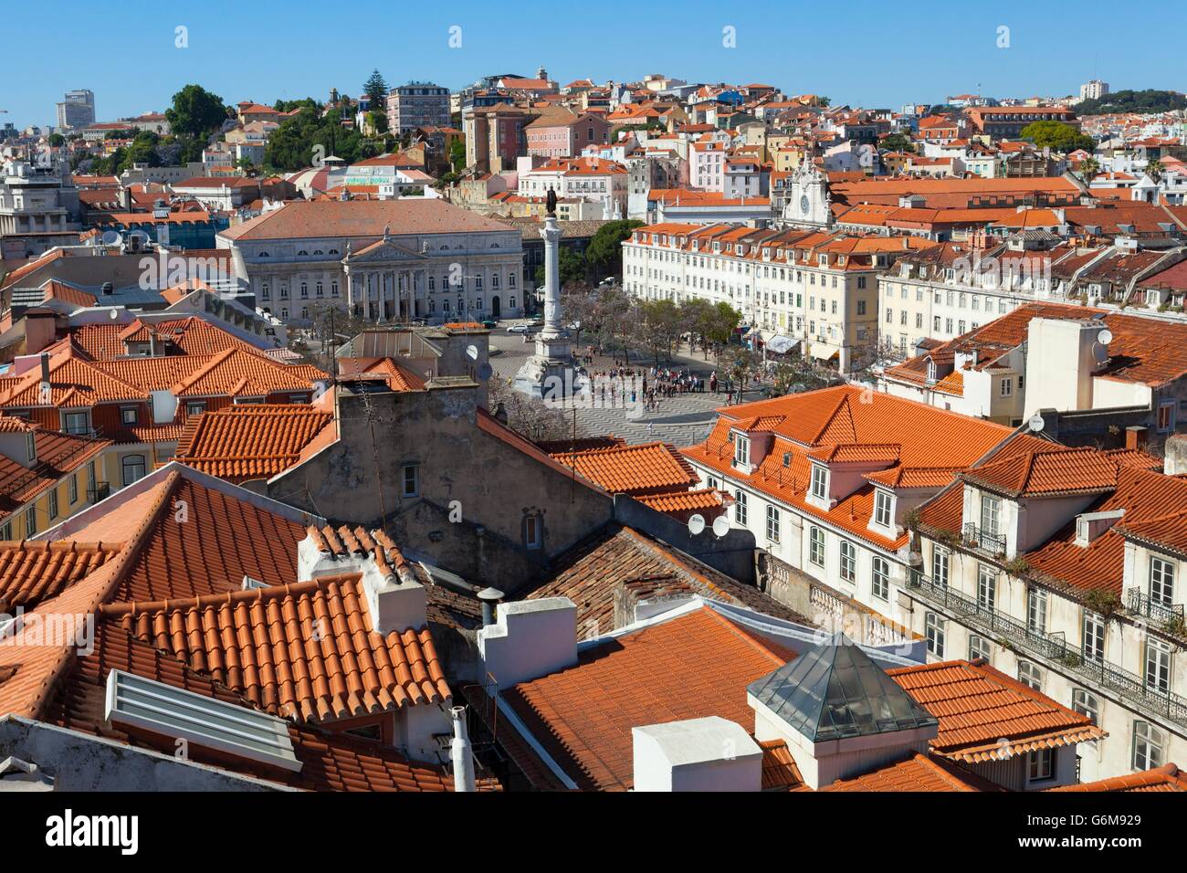 A view over the red rooftops of Lisbon city, the capital city of ...