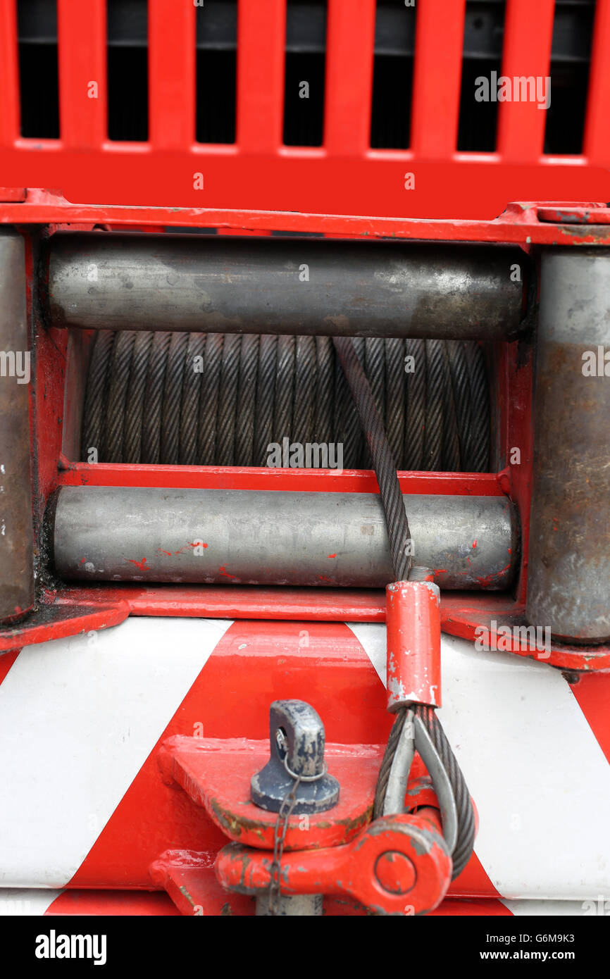 robust hoist with steel wire installed on a big fire truck Stock Photo ...