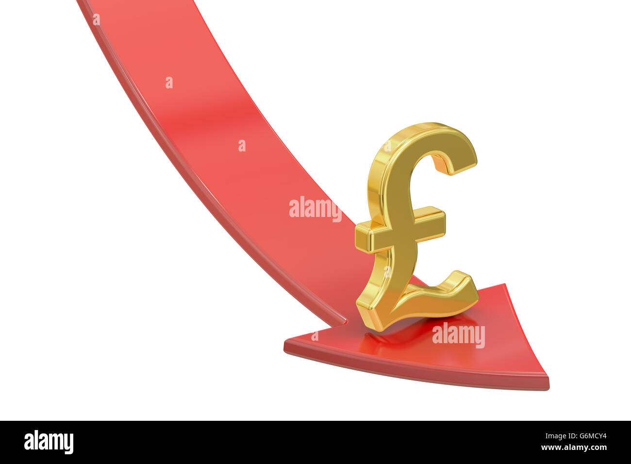 Falling red arrow with symbol of pound sterling, crisis concept. 3D ...