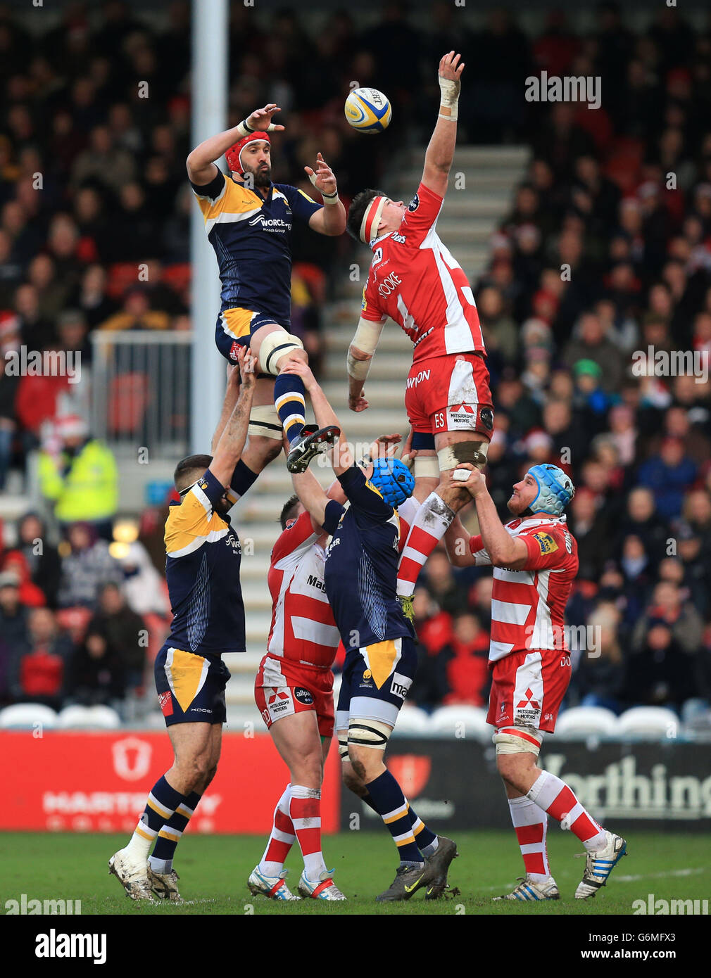 Gloucester Rugby's Elliott Stooke jumps for a line out with Worcester ...