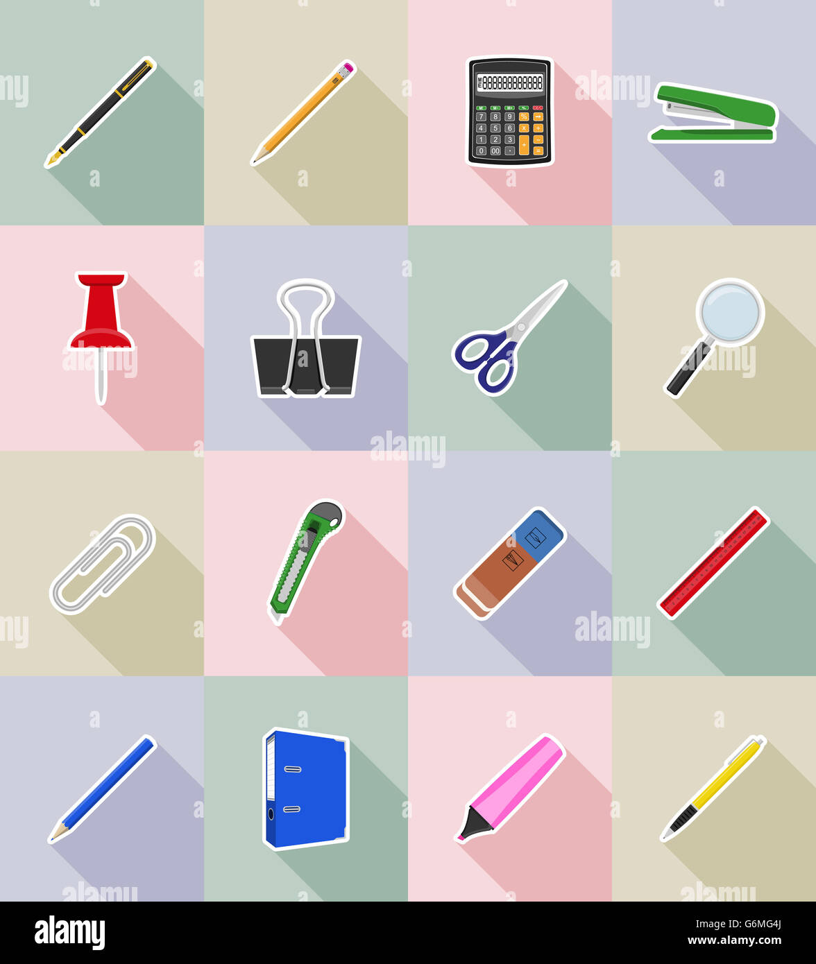 stationery equipment set flat icons illustration isolated on white ...
