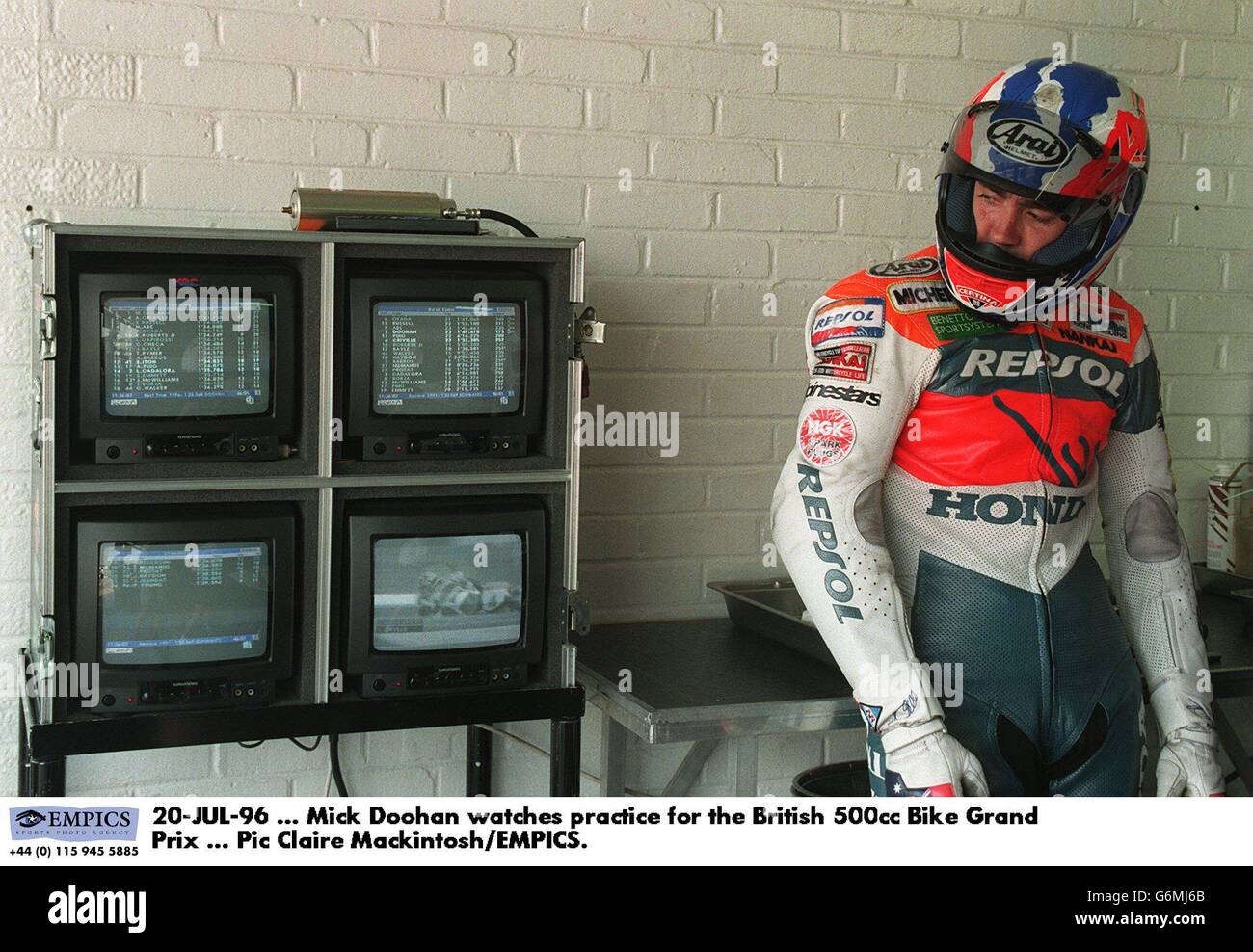 20-JUL-96, Mick Doohan watches practice for the British 500cc Bike ...