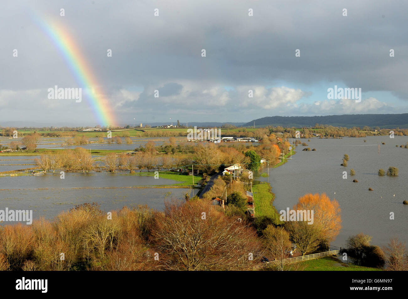 A rainbow over flood water which covers part of the Somerset Levels in ...