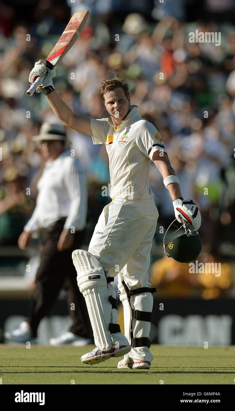Australia's Steven Smith celebrates scoring 100 not out during day one ...