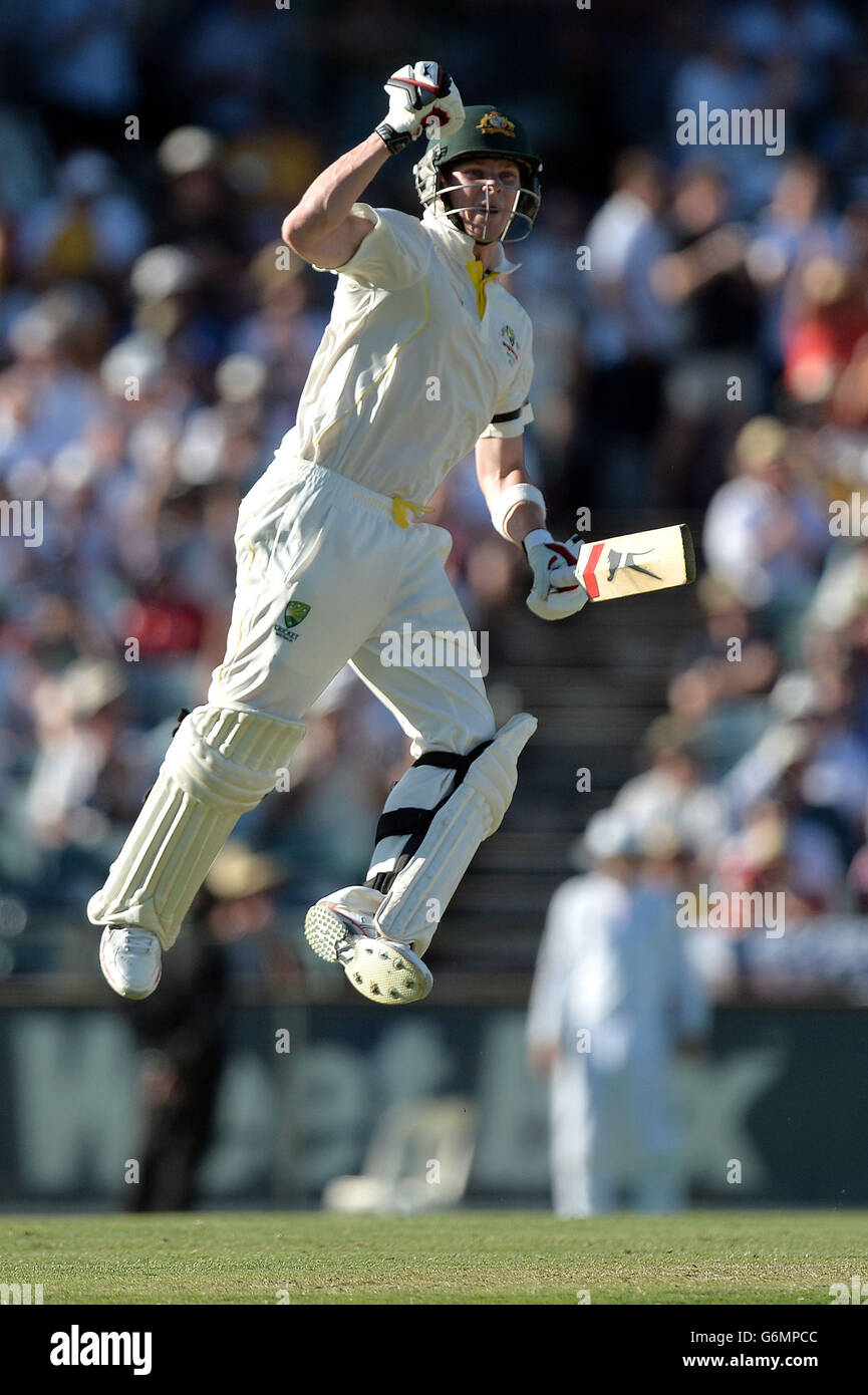 Australia's Steven Smith celebrates scoring 100 not out during day one ...