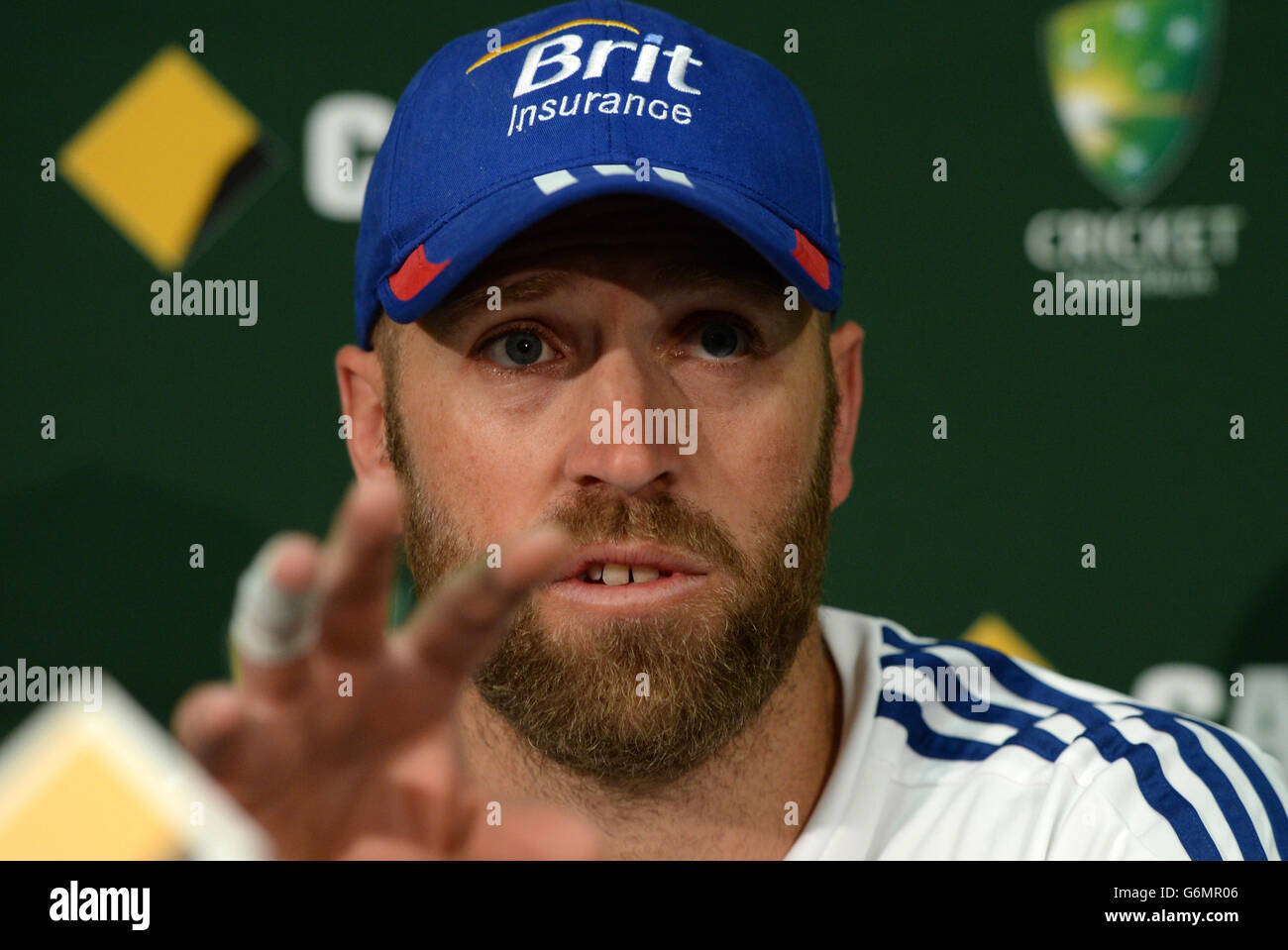 England's Matt Prior speaks during a press conference at the WACA ...
