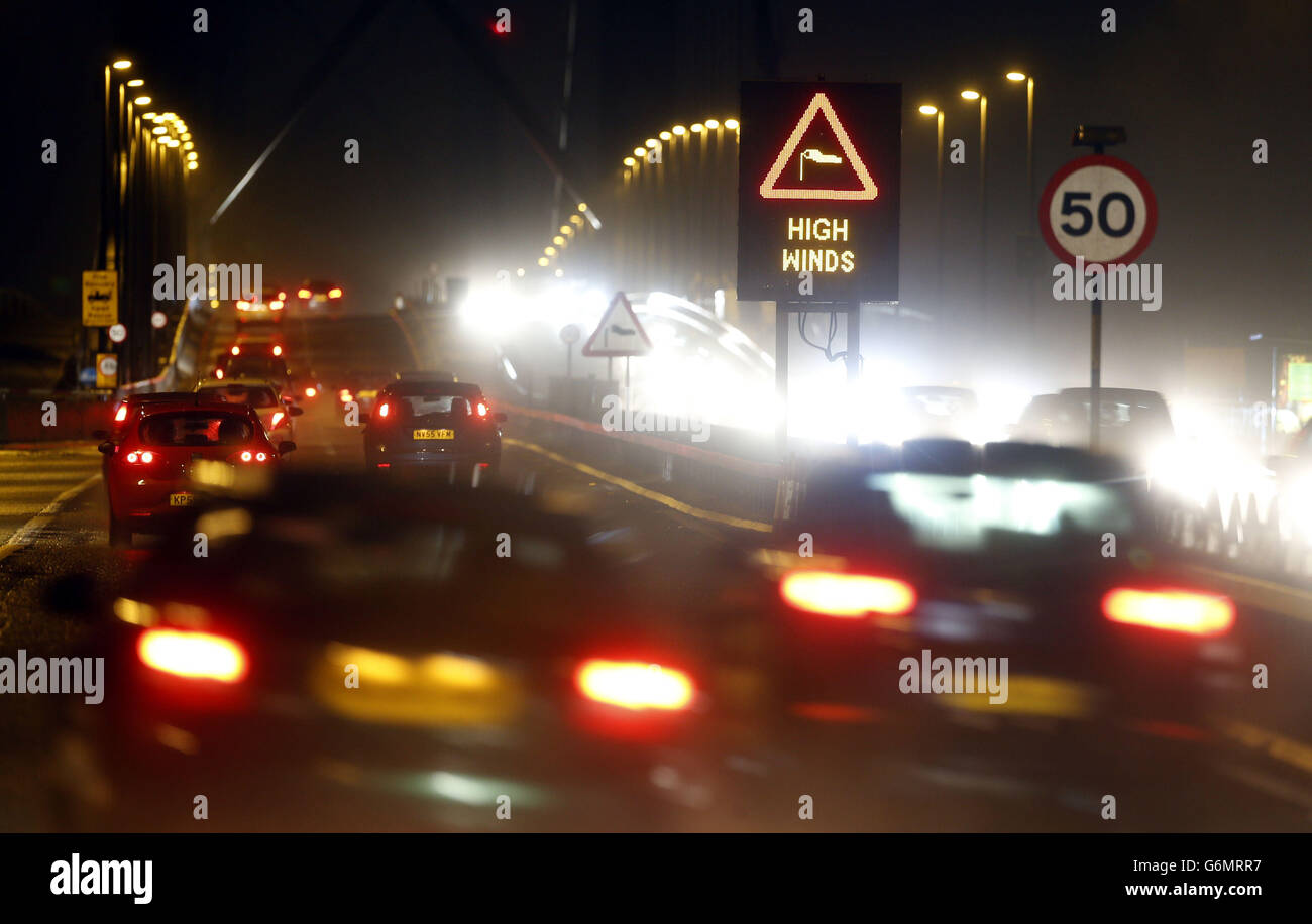 A High wind warning on the Forth Road Bridge near Edinburgh, Scotland ...