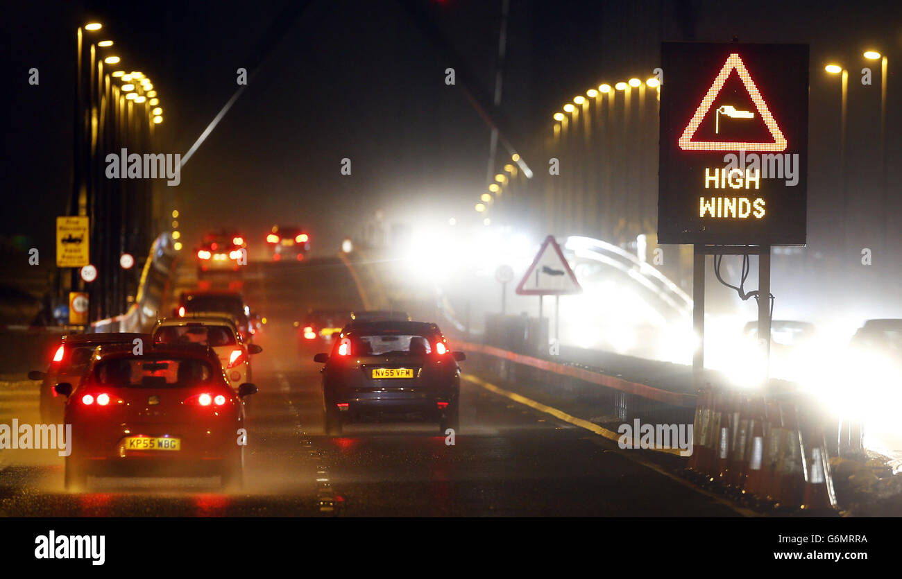 A High wind warning on the Forth Road Bridge near Edinburgh, Scotland ...