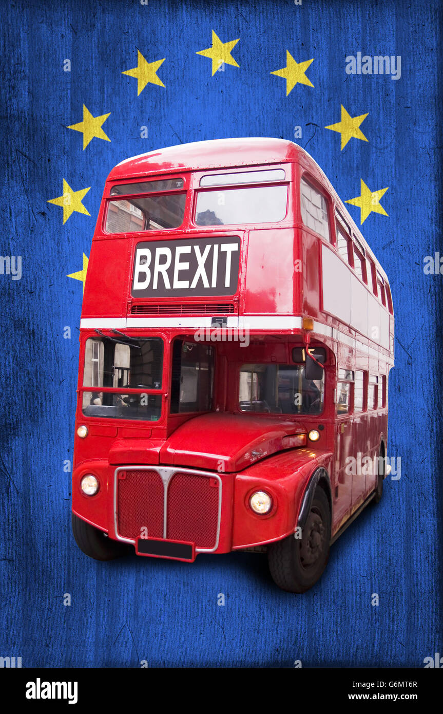 Brexit written on a London vintage red bus, european union flag ...